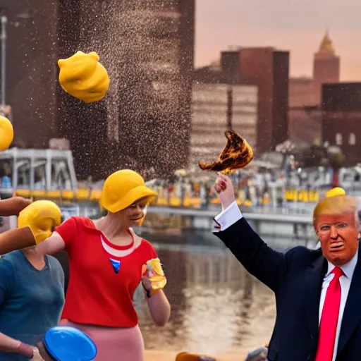 donald trump throwing pudding onto citizens, citizens | Stable Diffusion