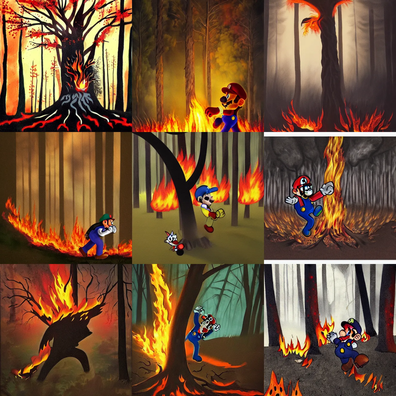 mario with black eyes kicking a burning tree in a | Stable Diffusion ...