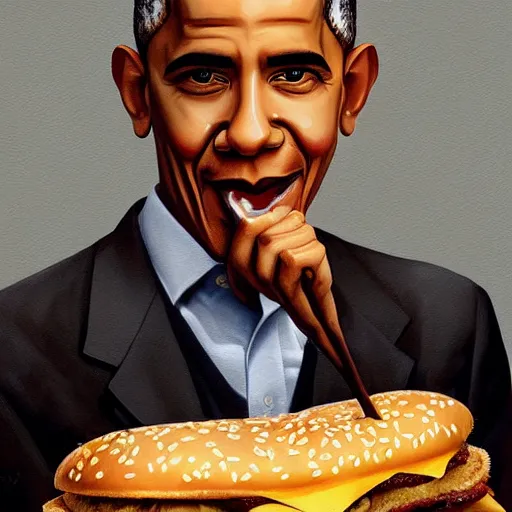 A painting of Obama eating a big mac hamburger | Stable Diffusion