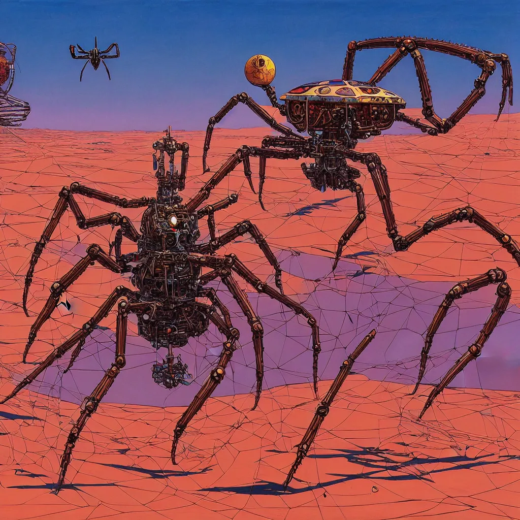 a painting of a giant mechanical spider in the desert, | Stable ...