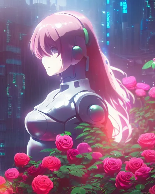 cyborg girl in cyberpunk rose garden, contemplation, | Stable Diffusion