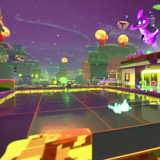 a landscape in the night of video game splatoon 3, | Stable Diffusion