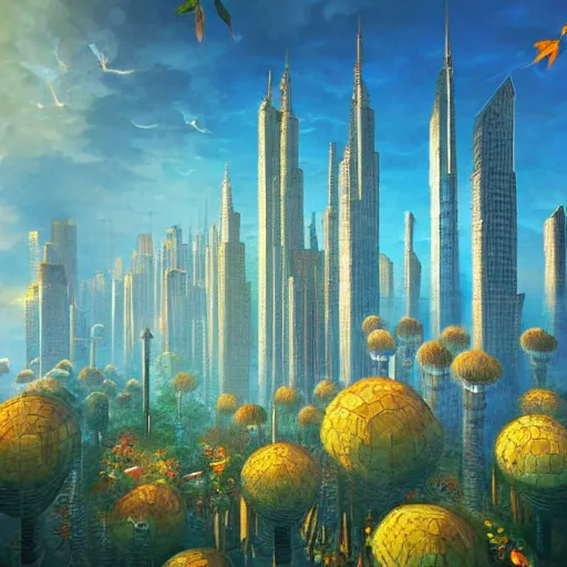 overgrown geometric mushroom skyscrapers autumn, | Stable Diffusion ...