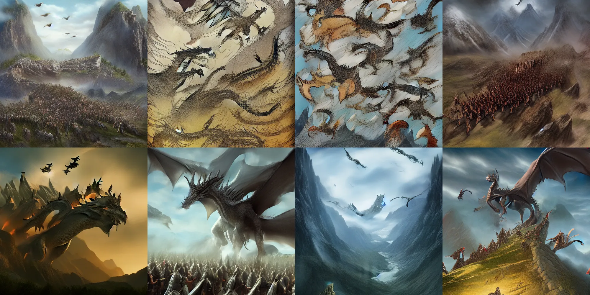 100 dragons in lotr style flying towards a giant | Stable Diffusion | OpenArt