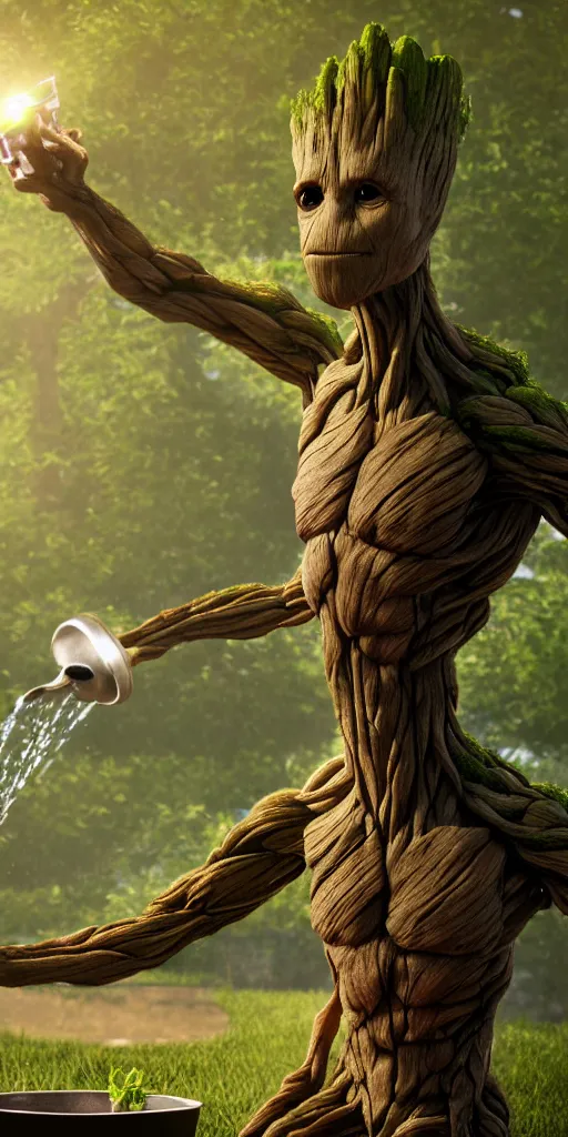 photorealistic wide shot of groot watering his feet | Stable Diffusion ...