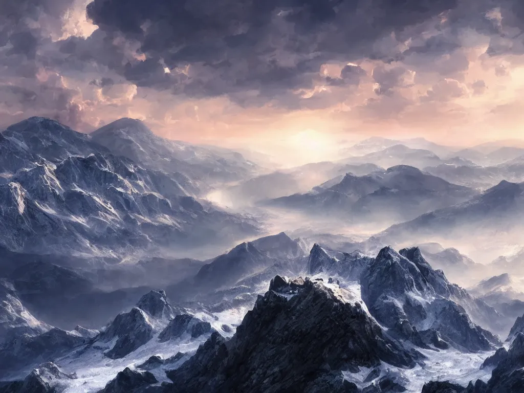 realistic view from a mountaintop, high mountains, | Stable Diffusion