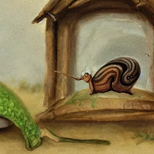a cute snail with a old wooed house on his back | Stable Diffusion