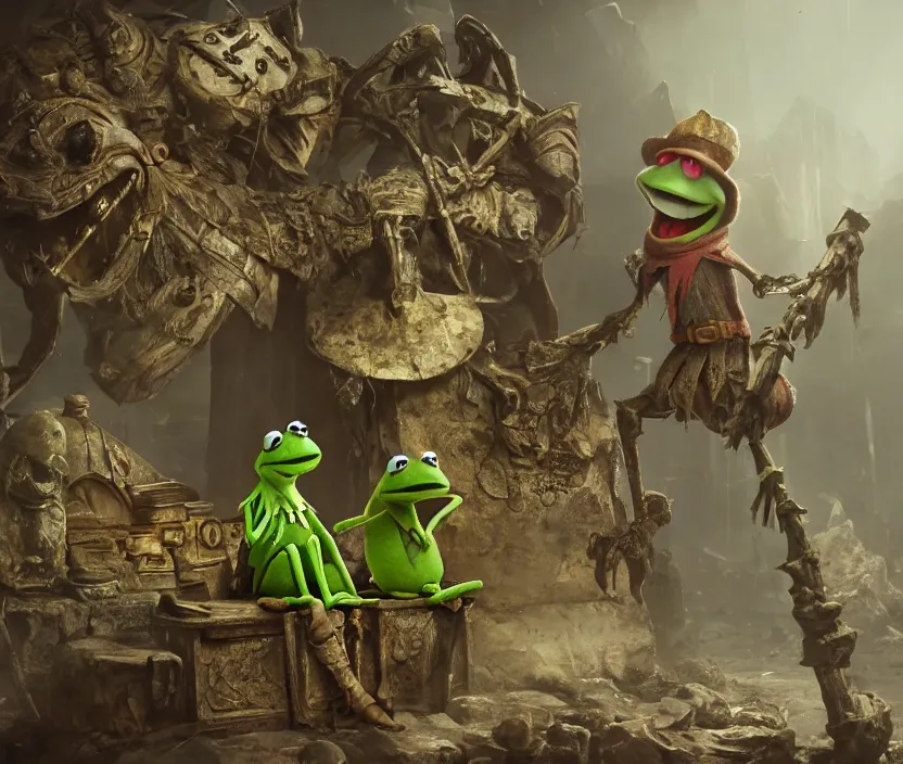 Kermit the Frog, sitting on a throne of skeletons, a | Stable Diffusion ...