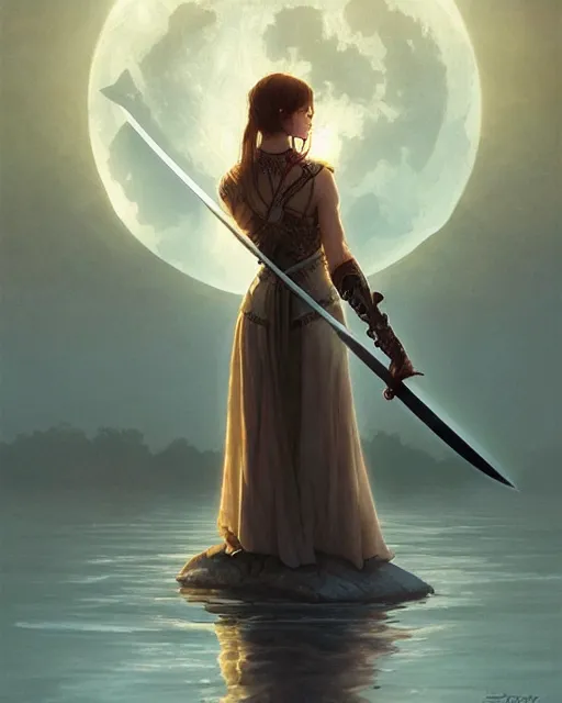 sword in the middle of a lake under a giant full moon, | Stable Diffusion