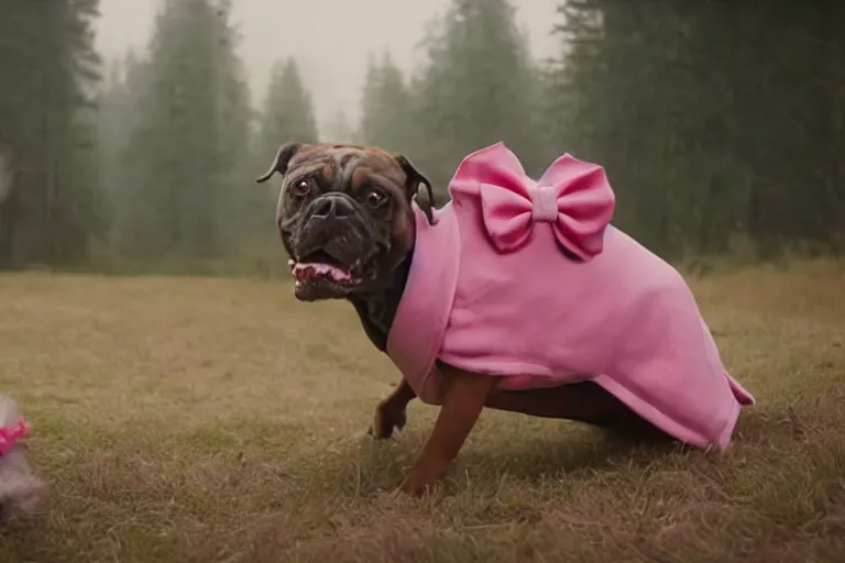 movie scene closeup juggernaut dog with pink bow on | Stable Diffusion ...