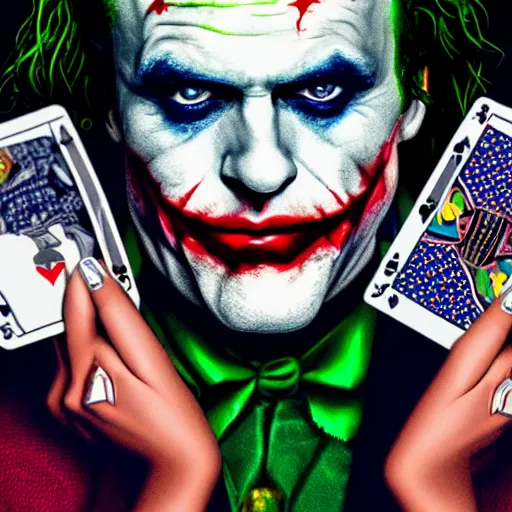the joker holding playing cards with Margot Robbie | Stable Diffusion