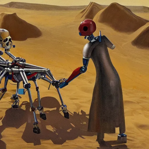 three angular robots inspecting a human skull in a | Stable Diffusion