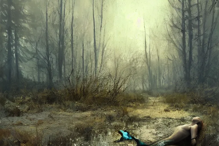 painting of a dying mermaid lying on a path in a | Stable Diffusion ...