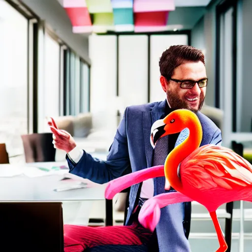 businessman confidently riding a flamingo into | Stable Diffusion | OpenArt