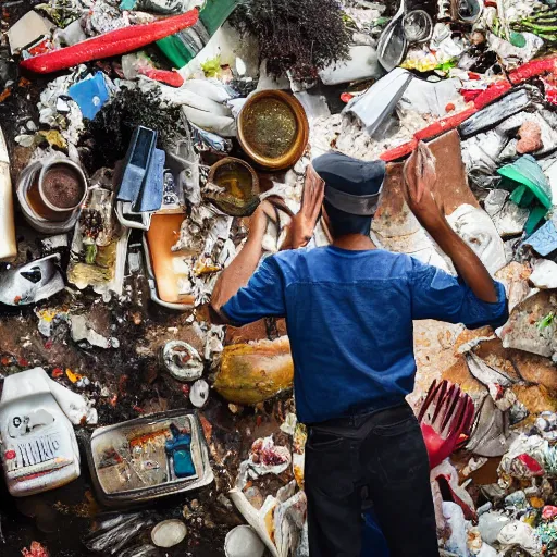 photo of a man dancing in the kitchen, full of trash, | Stable ...
