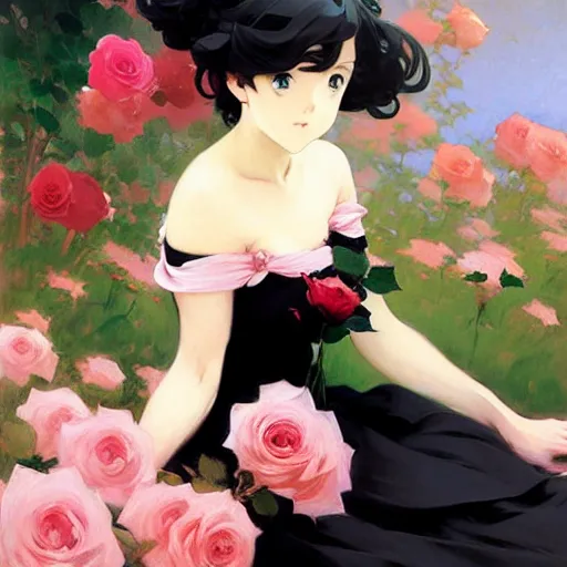beautiful rose anime girl in elegent black dress, | Stable Diffusion ...