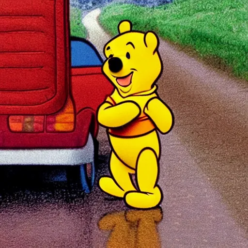 winnie the pooh driving a car down a motorway while | Stable Diffusion ...