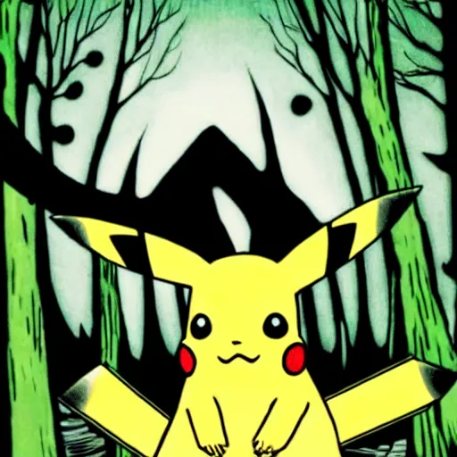 Pikachu alone in a forest by Junji Ito, scary, horror, | Stable ...