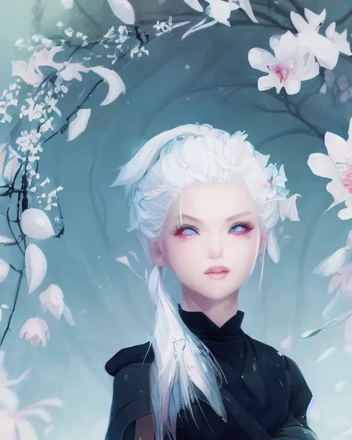 girl with white hair and black skirt, flower | Stable Diffusion | OpenArt
