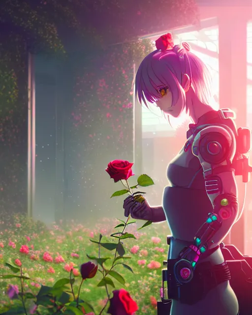 cyborg girl in cyberpunk rose garden, contemplation, | Stable Diffusion
