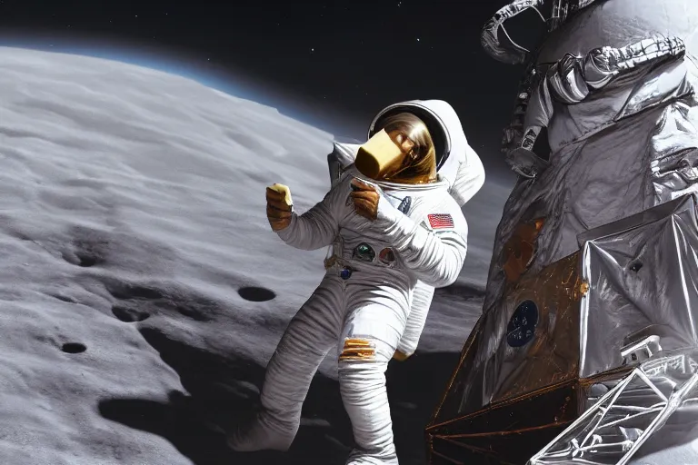 a matte painting of an ape as astronaut eating cheese | Stable ...