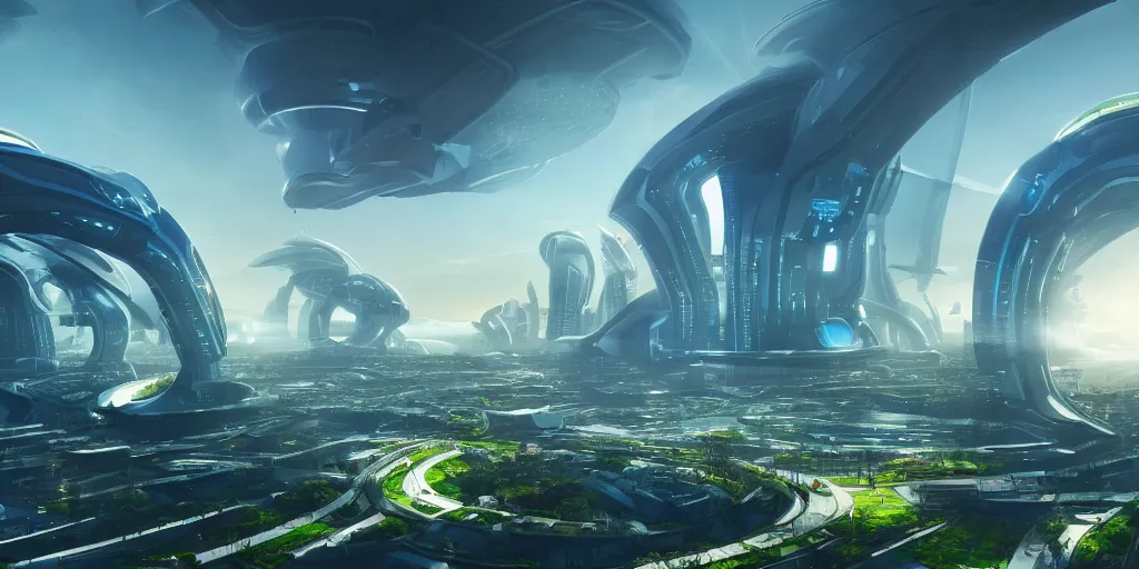futuristic utopian city, central hub, white buildings, | Stable ...