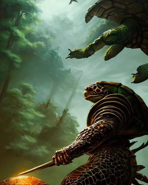 Turtle Warrior holding huge shield, forest background, | Stable Diffusion
