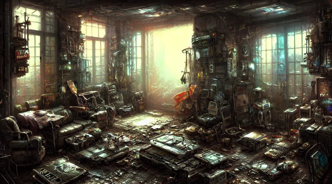 post apocalyptic room interior, furniture, interior | Stable Diffusion