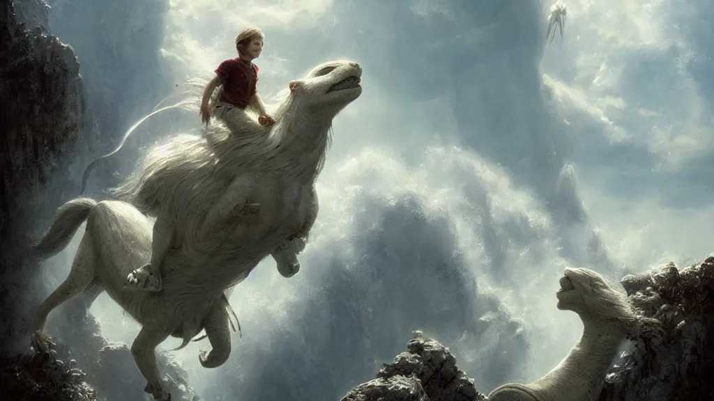 boy riding falkor falling through the nothing. the | Stable Diffusion ...