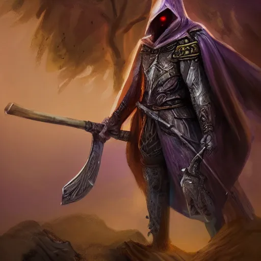 Hooded man in purple wielding an axe inside a decaying | Stable Diffusion
