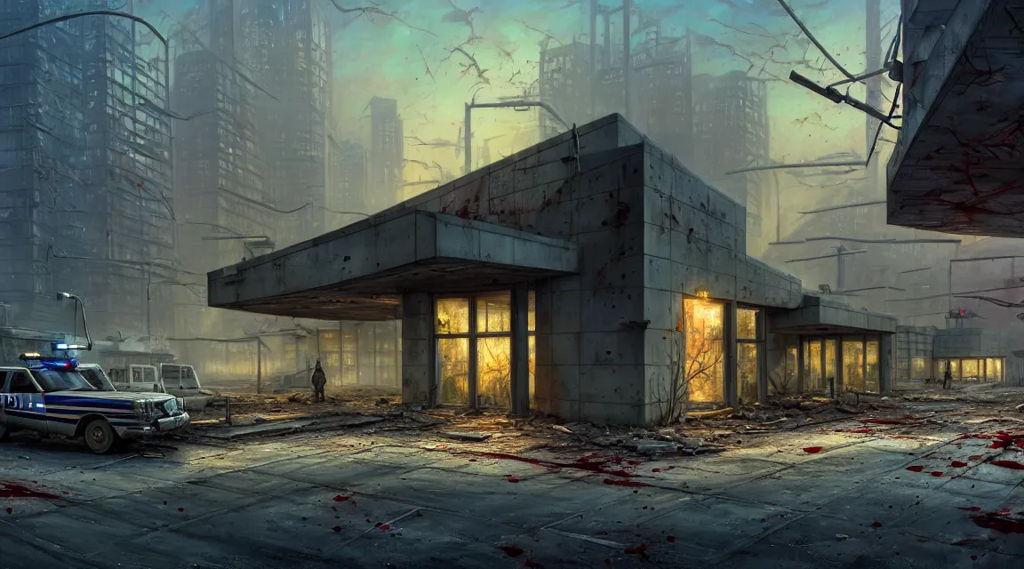 post apocalyptic police station, building, avenue, | Stable Diffusion
