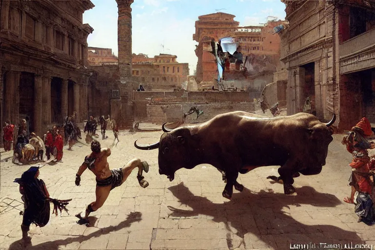 man fights with a bull in a city street of ancient | Stable Diffusion ...