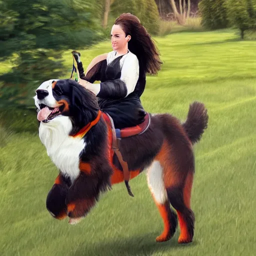 girl riding giant Bernese Mountain Dog in the park, | Stable Diffusion