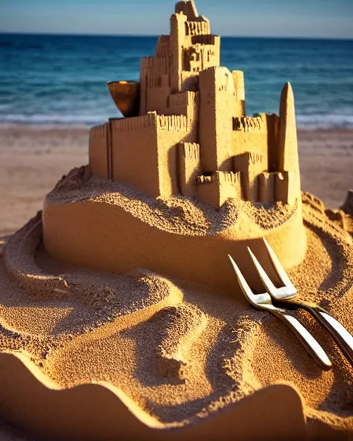 a detailed sandcastle in the shape of a large fork, | Stable Diffusion | OpenArt
