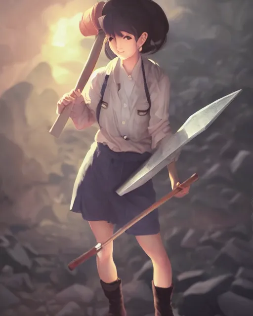 a girl holding a pickaxe and covered in smog in a coal | Stable Diffusion | OpenArt