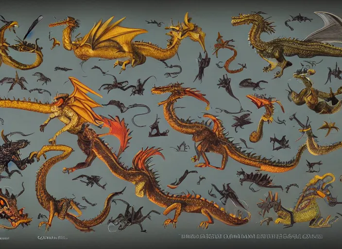 an illustrated field guide to dragons showing examples | Stable Diffusion