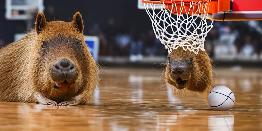 A Realistic Capybara Slam Dunking a basketball ball in | Stable Diffusion