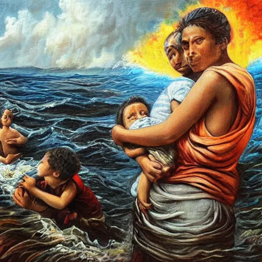 women protecting her child, during an volanic | Stable Diffusion | OpenArt