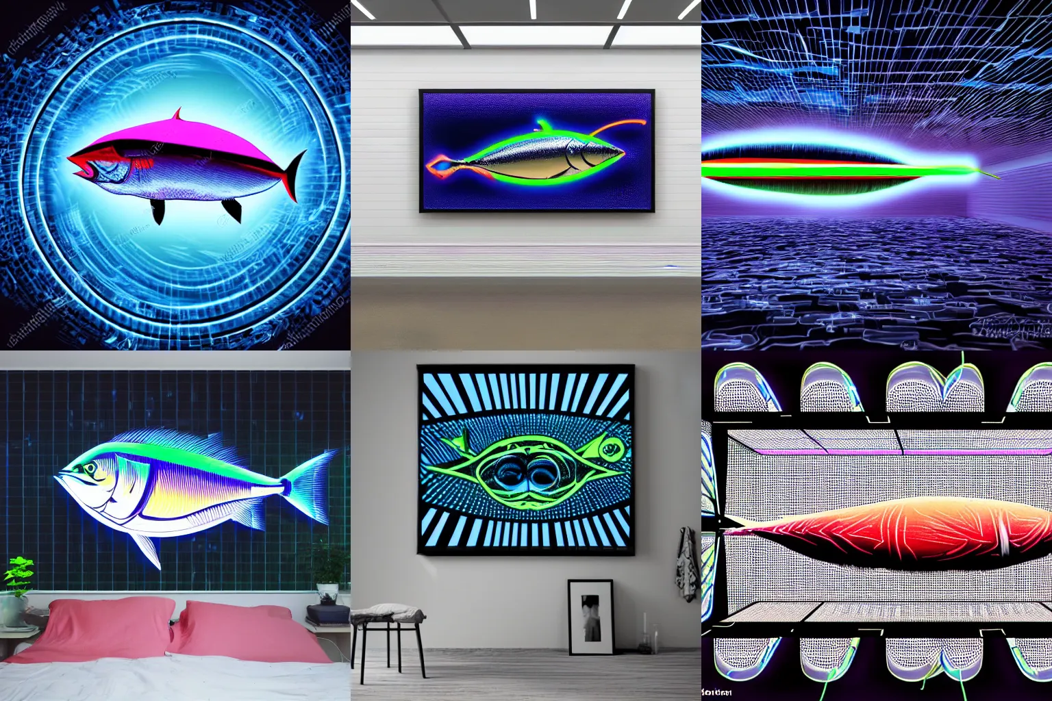 Huge tuna fish floating in abstract cyber room, neon, | Stable ...