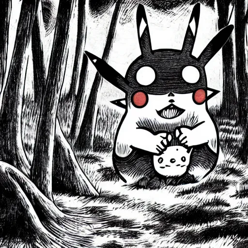 Pikachu alone in a forest by Junji Ito, scary, horror, | Stable ...