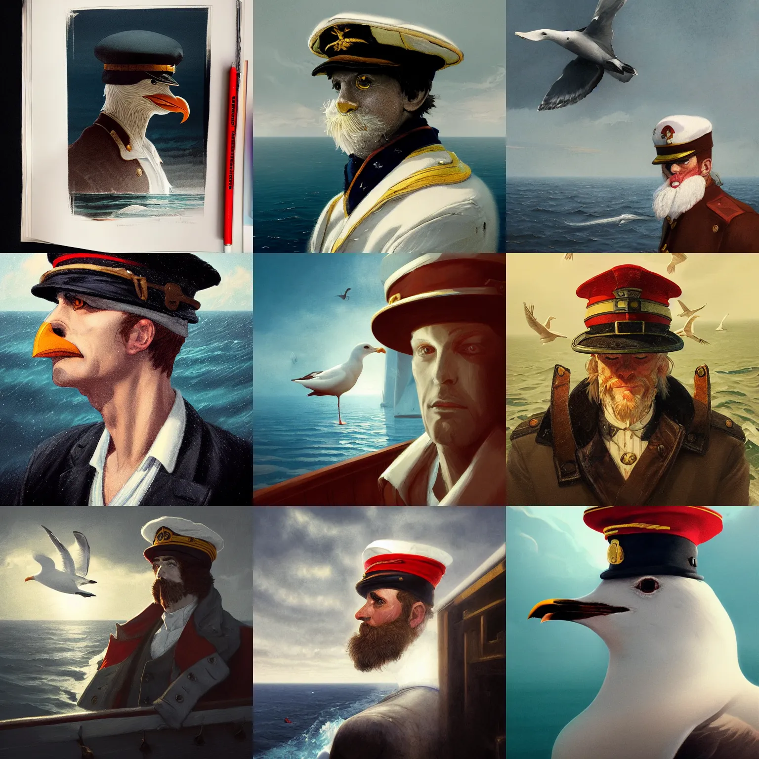 portrait of a seagull, captain hat, on a ship, sea, | Stable Diffusion ...
