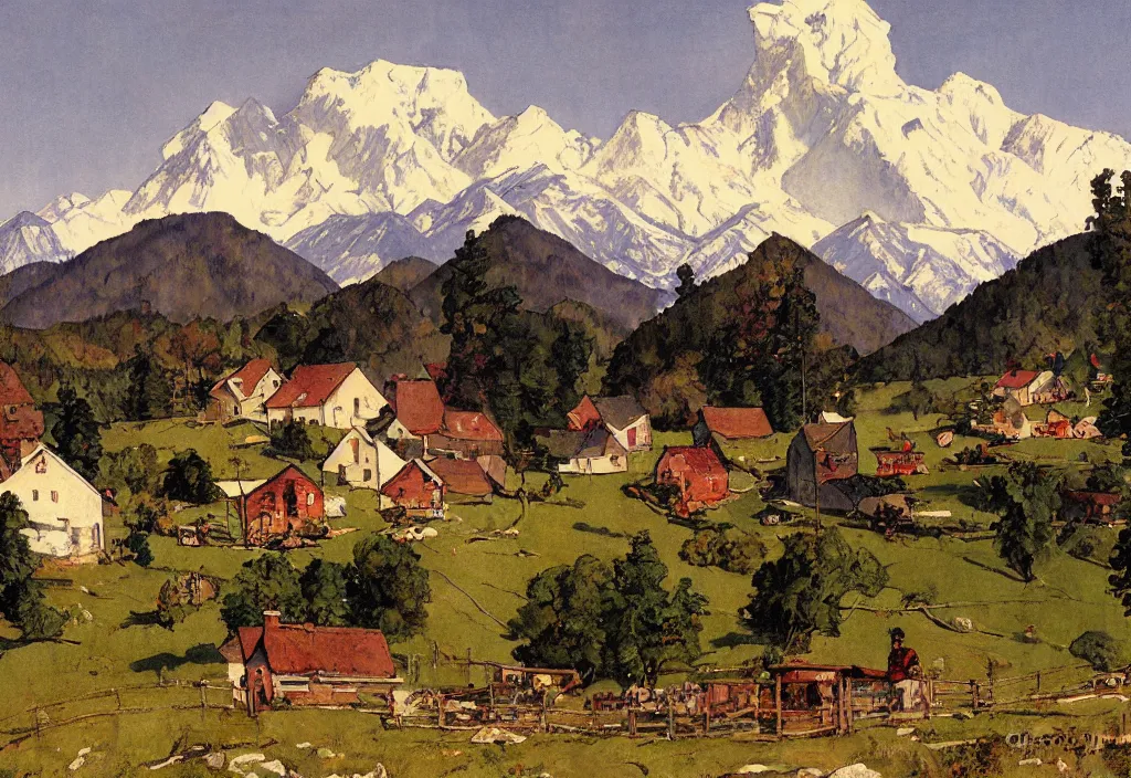 painting of a rural town with mountains in the | Stable Diffusion | OpenArt