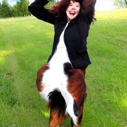 girl riding giant Bernese Mountain Dog in the park, | Stable Diffusion