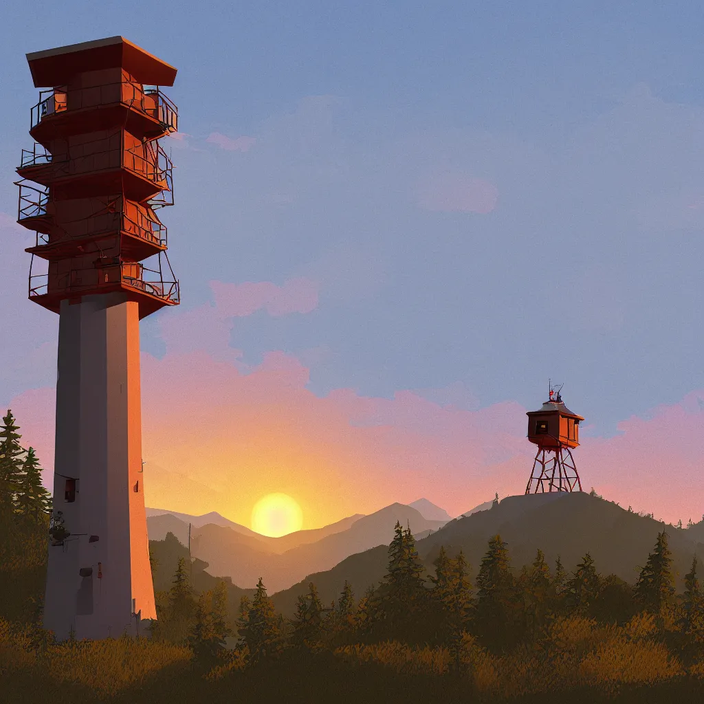 isometric view of a firewatch tower at sunset by james | Stable Diffusion | OpenArt