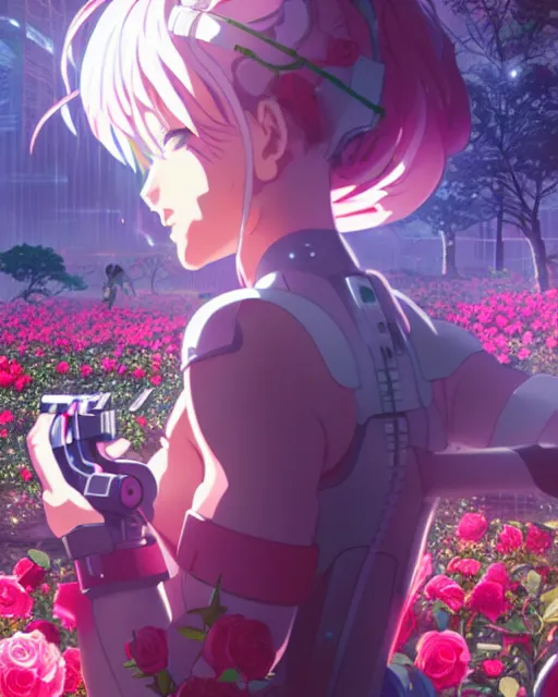 cyborg girl in cyberpunk rose garden, contemplation, | Stable Diffusion