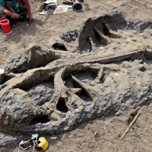 archeologists finding a huge Godzilla fossilized | Stable Diffusion