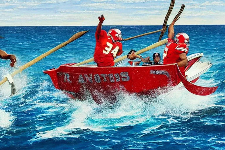 a rowboat filled with nfl players in football helmets | Stable ...