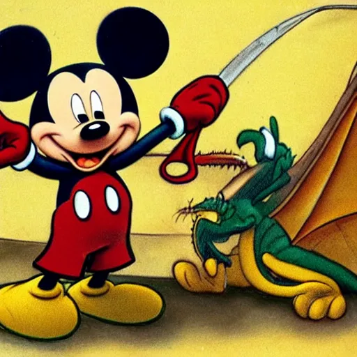 mickey mouse fighting a dragon, realistic, medieval, | Stable Diffusion ...