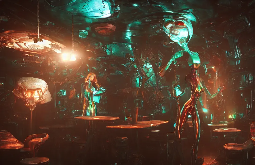 beautiful alien girl in an alien bar, ultra hd render, | Stable ...