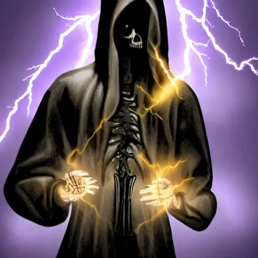 hooded figure with a skeleton face shooting purple | Stable Diffusion ...